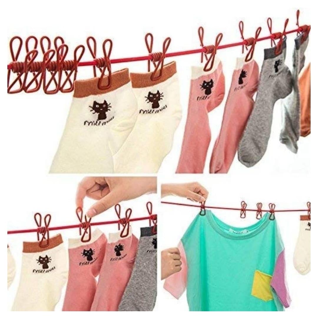 Portable Elastic Clothes Drying Rope with 12 Clips & Hooks – Homeaxe